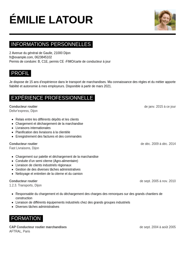 Exemple de CV de conducteur routier - CV.fr
