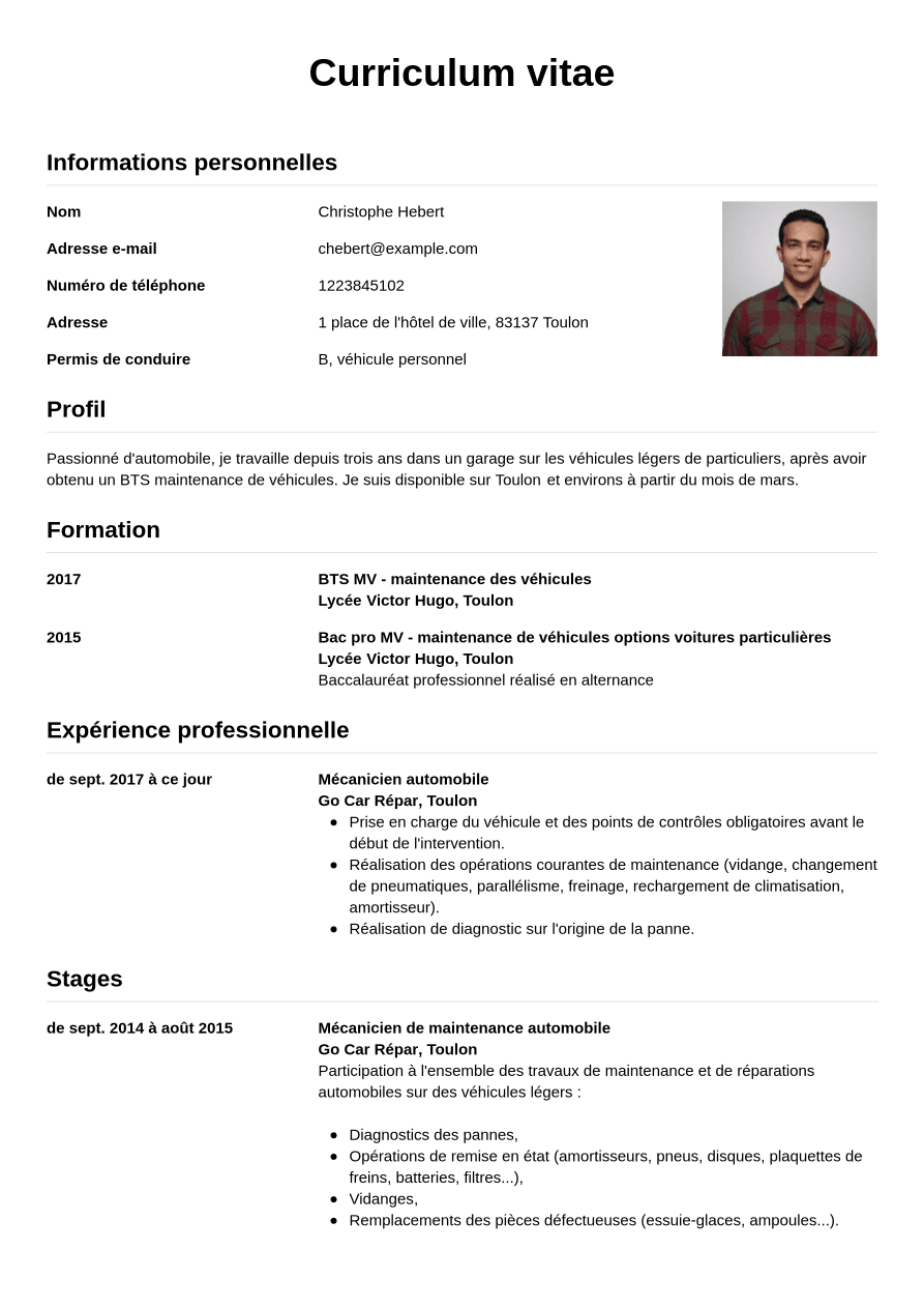 Exemple de CV pour un mécanicien automobile - CV.fr