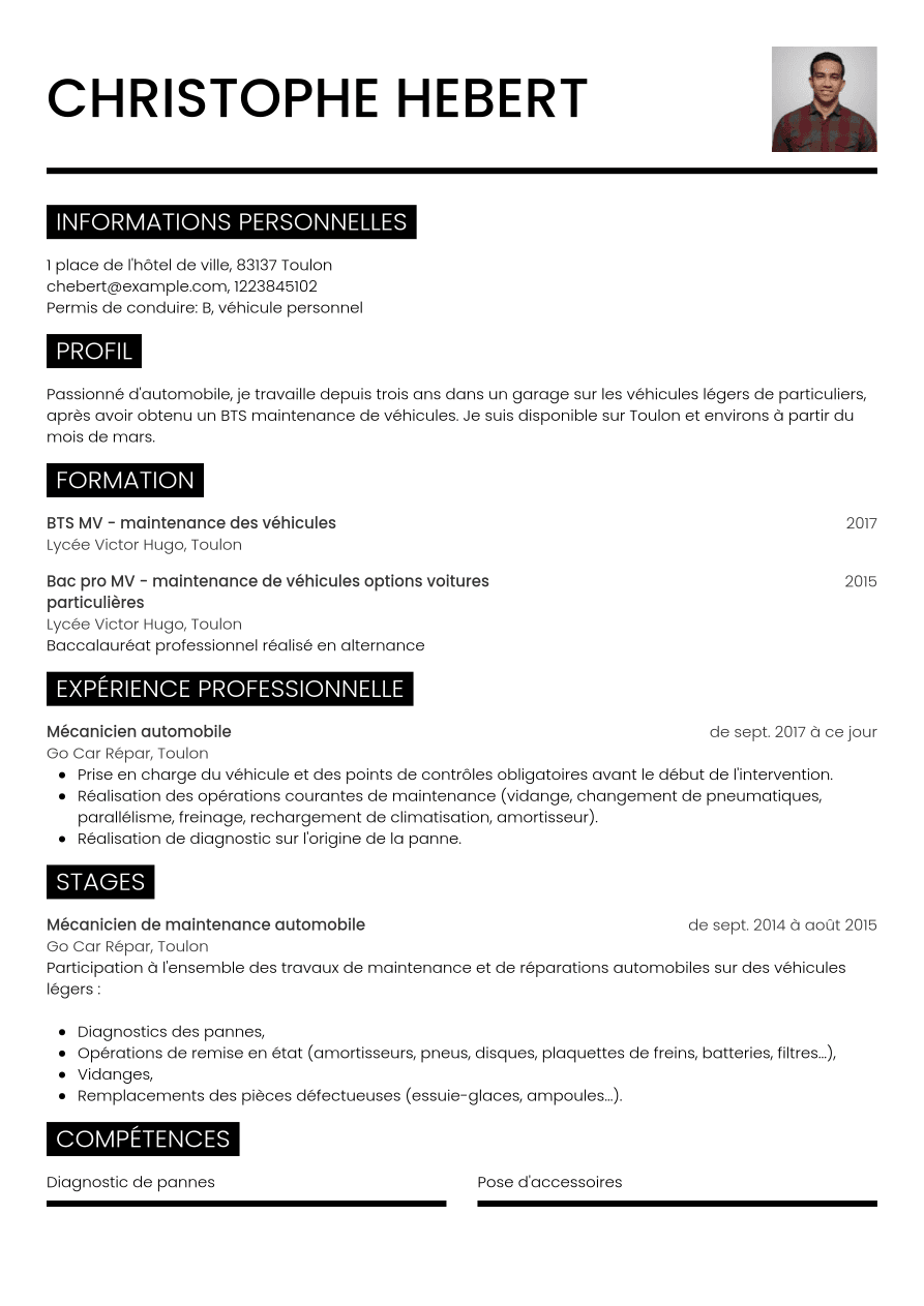 Exemple de CV pour un mécanicien automobile - CV.fr