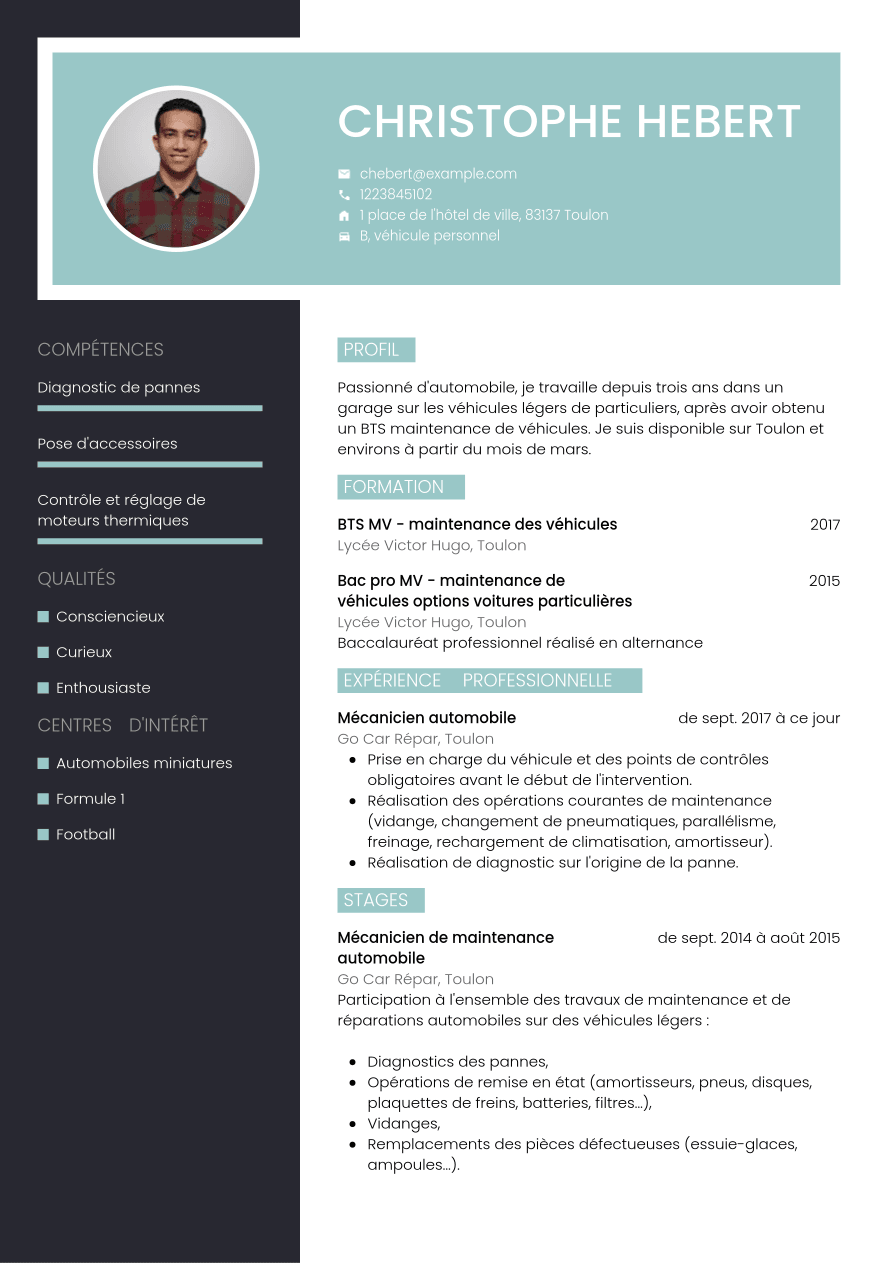 Exemple de CV pour un mécanicien automobile - CV.fr