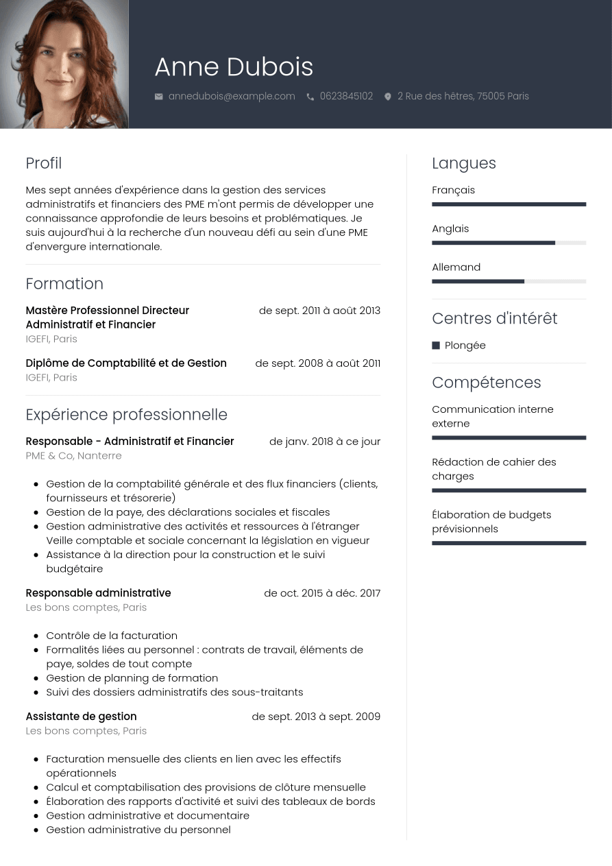 Exemple de CV de Responsable administratif - CV.fr