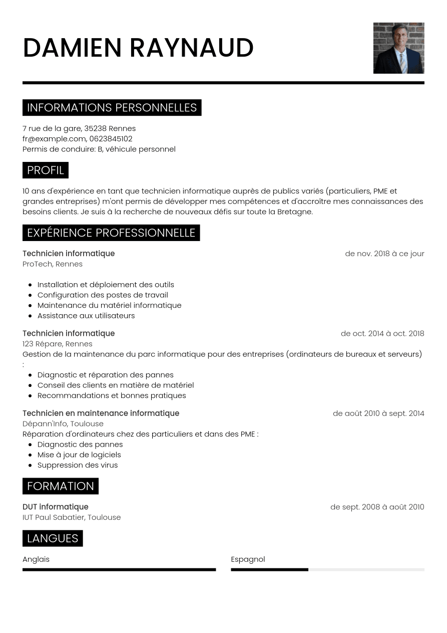Exemple de CV de technicien informatique - CV.fr