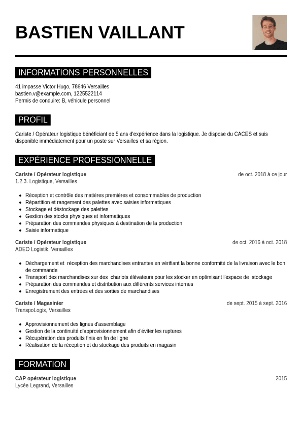 Exemple de CV pour un cariste - CV.fr