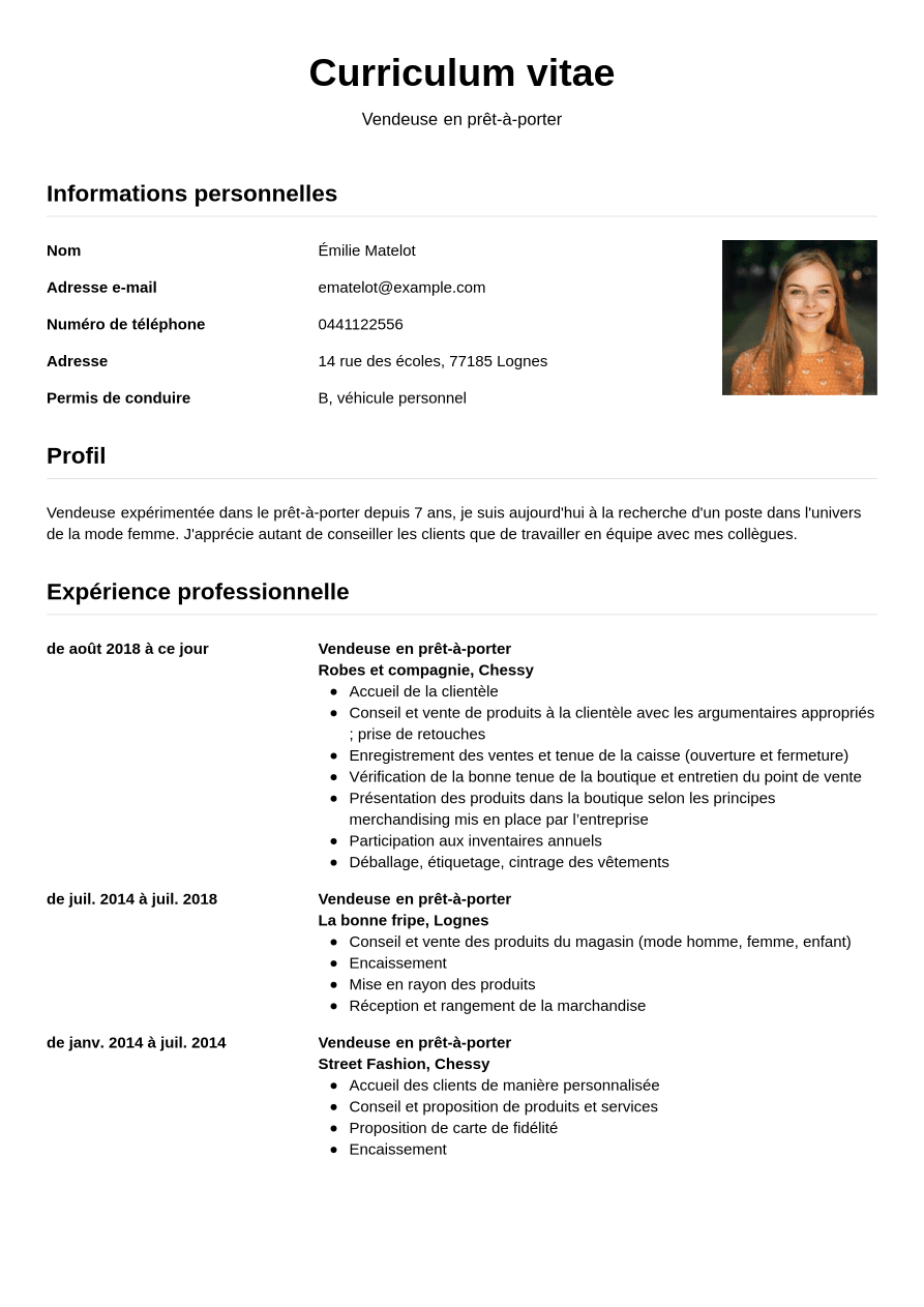 Exemple de CV pour une vendeuse - CV.fr