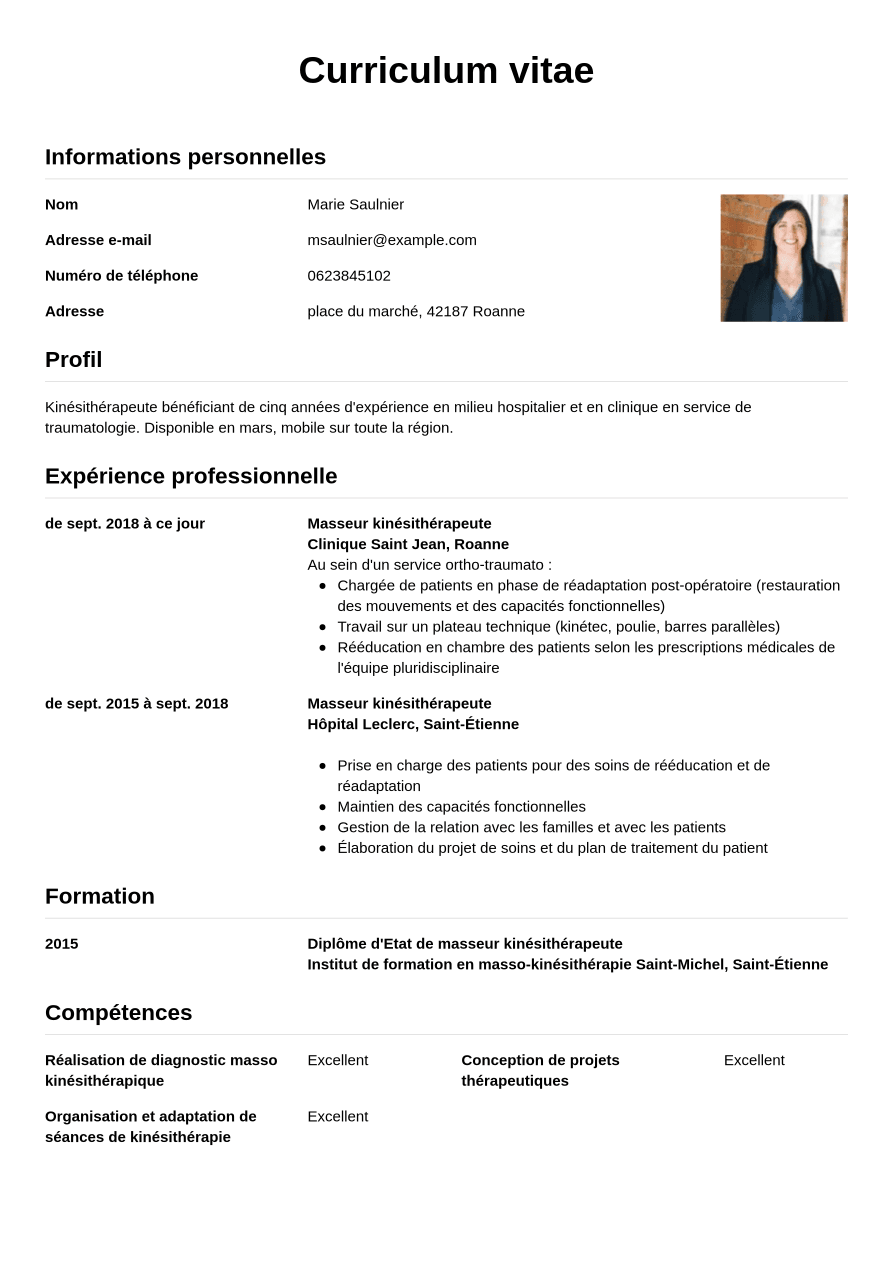 Exemple de CV pour un kinésithérapeute - CV.fr