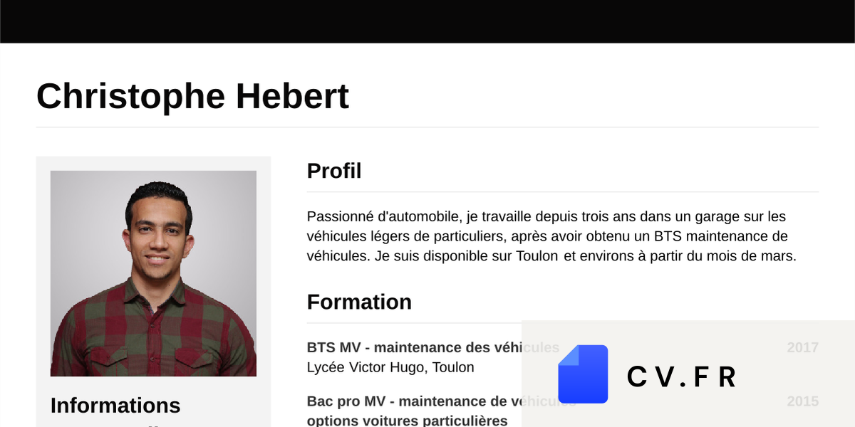 Exemple de CV pour un mécanicien automobile - CV.fr